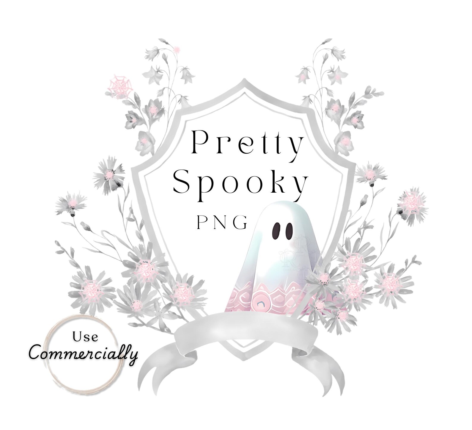 Pink Halloween Ghost Crest PNG: Watercolor Floral Border (commercial ...