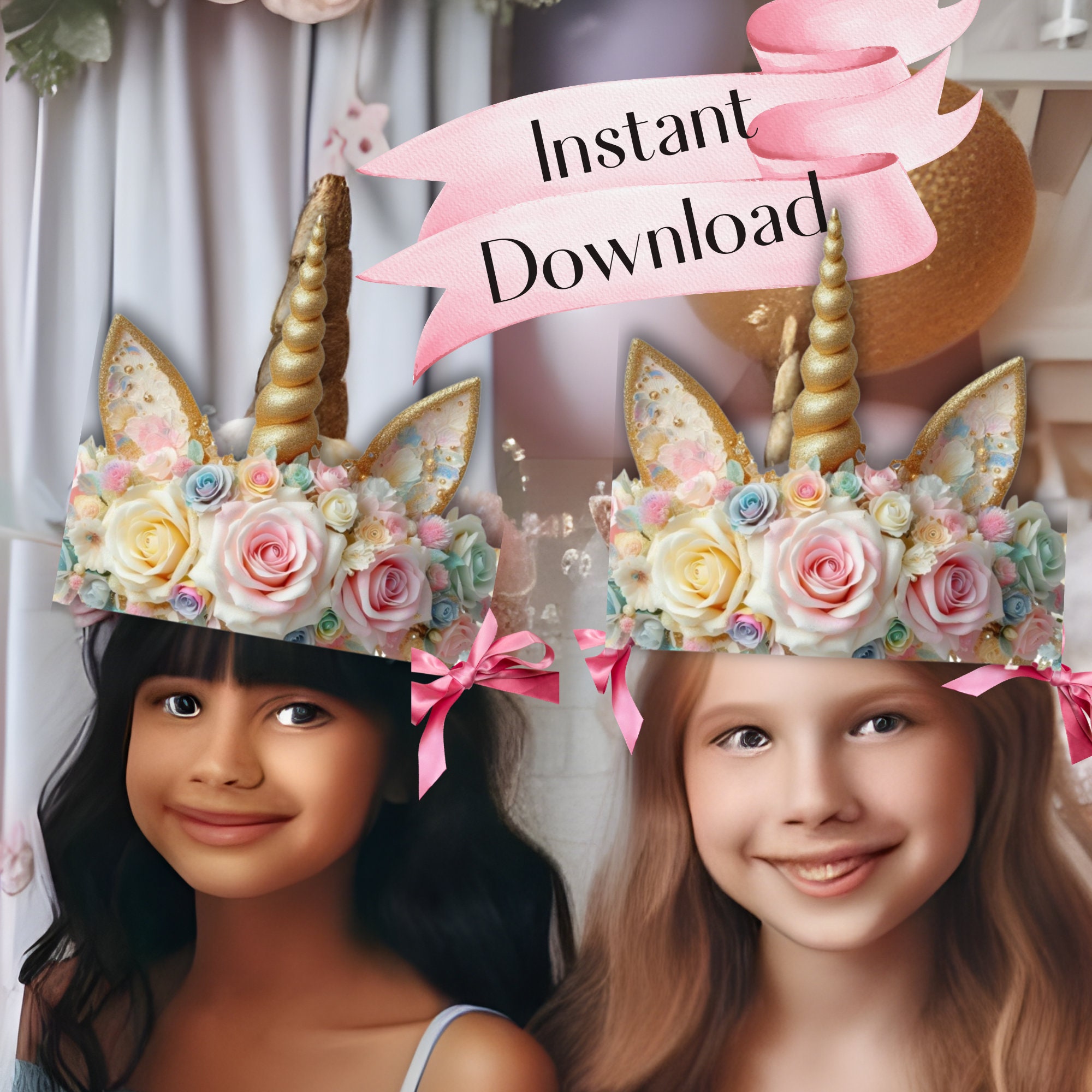 Unicorn Crowns, Printable Unicorn Party Crown, Shabby Chic Roses Crown ...