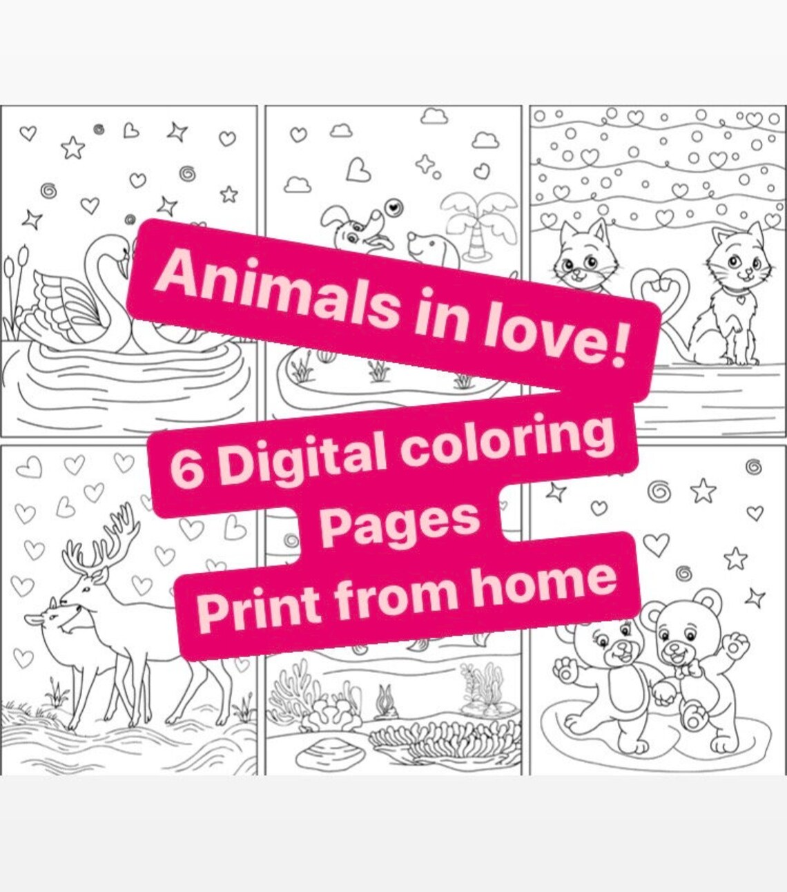 Animals With Hearts and Love 6 Print From Home Digital Coloring Pages ...