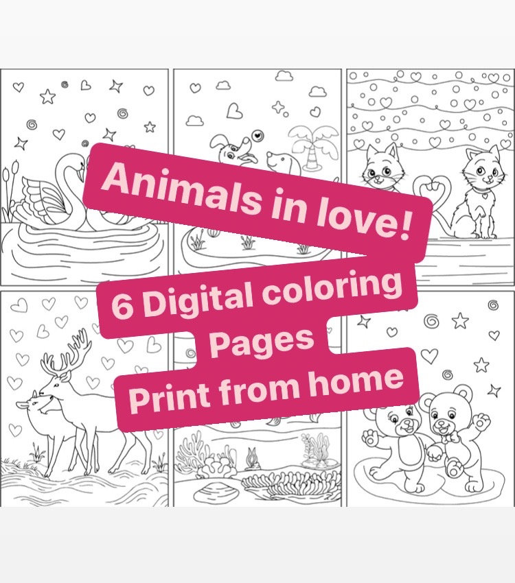 Animals With Hearts and Love 6 Print From Home Digital Coloring Pages ...