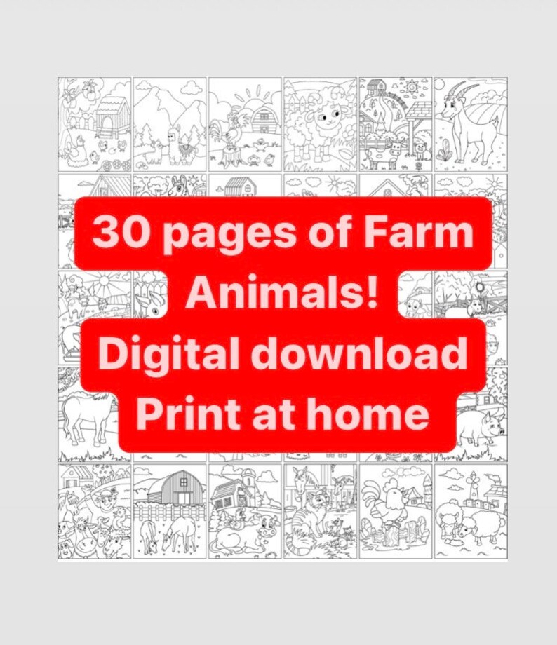 30 Kids Digital Coloring Pages Print From Home of Farm Animals! - Etsy