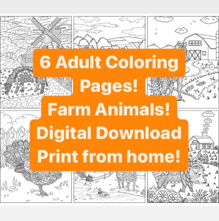 6 Adult Coloring Pages! Farm Animals! Digital Download! Print From Home ...