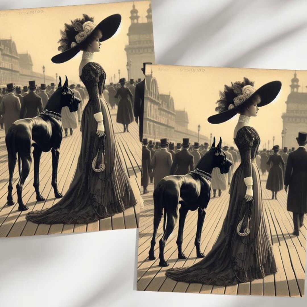 Pack of Great Dane Greeting Card Vintage Lady and Great Dane Standing ...