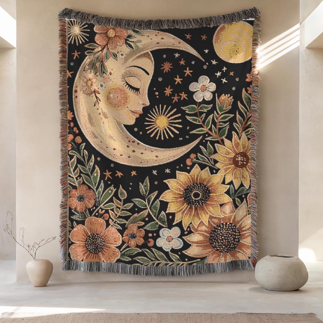 Smiling Crescent Moon Woven Blanket, Cottagecore Boho Hippie Floral ...