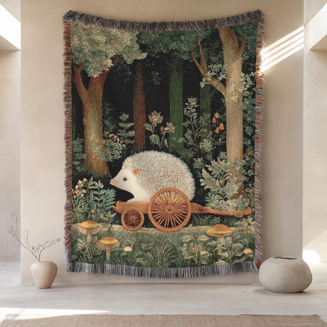 Hedgehog Forest Woven Blanket, Cottagecore Boho Throw Blanket, Cozy ...