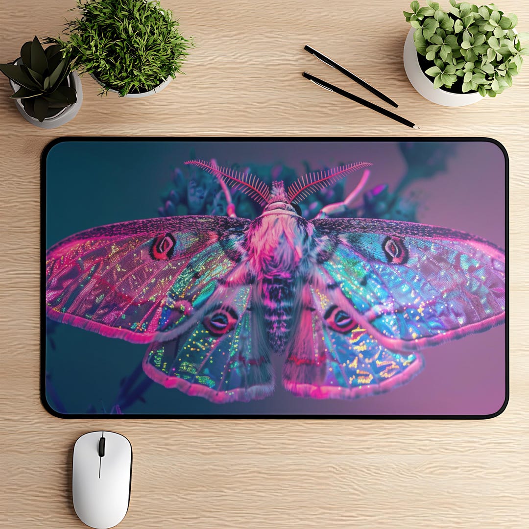 Iridescent Moth Desk Mat, Neon Insect Mouse Pad, Forestcore Tech Decor ...