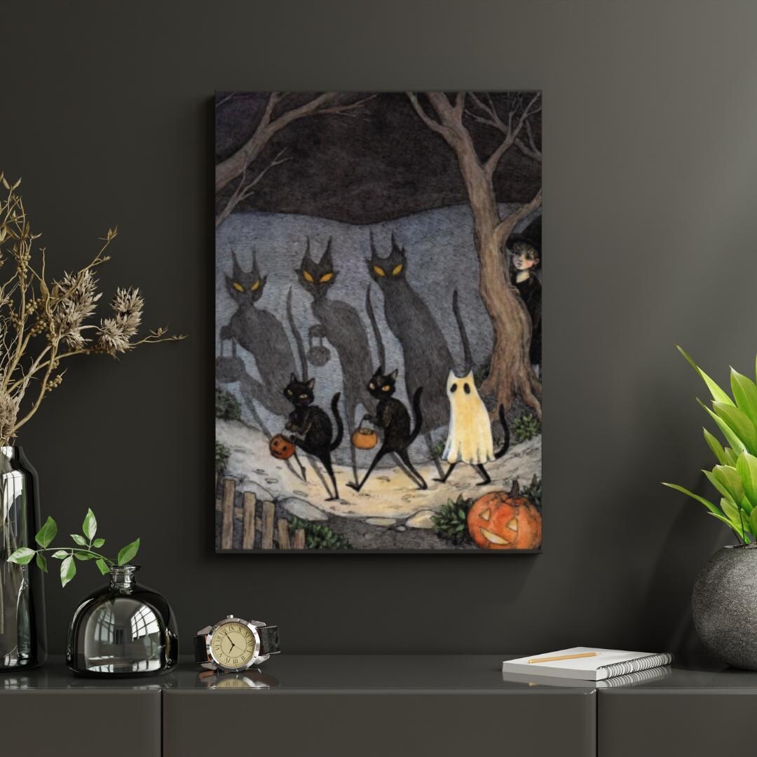 Vintage Halloween Shadows Giclée Print, Spooky Cute Cats & Ghosts Wall ...