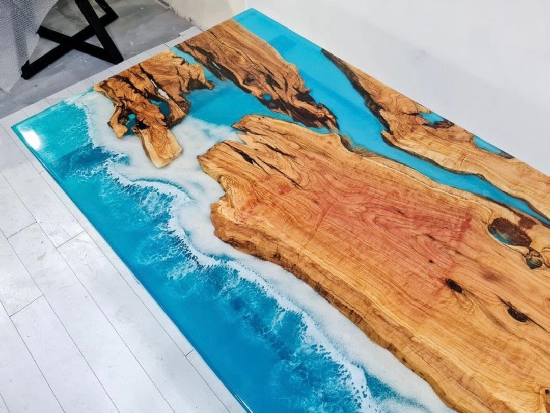 Blue Clear Resin Epoxy Table, Coffee Table, Wooden Dining Table, Semi ...