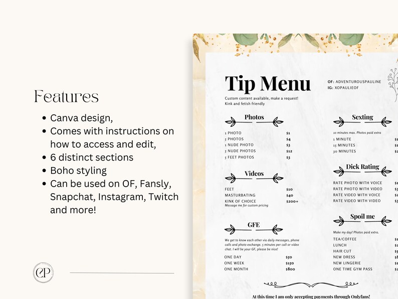 Onlyfans Price List Only Fans Tip Menu, Creator Menu Template, OF ...