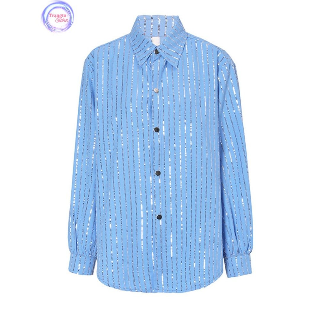 Women Blue Sequins Long Sleeve Shirt Sparkle Striped Big - Etsy