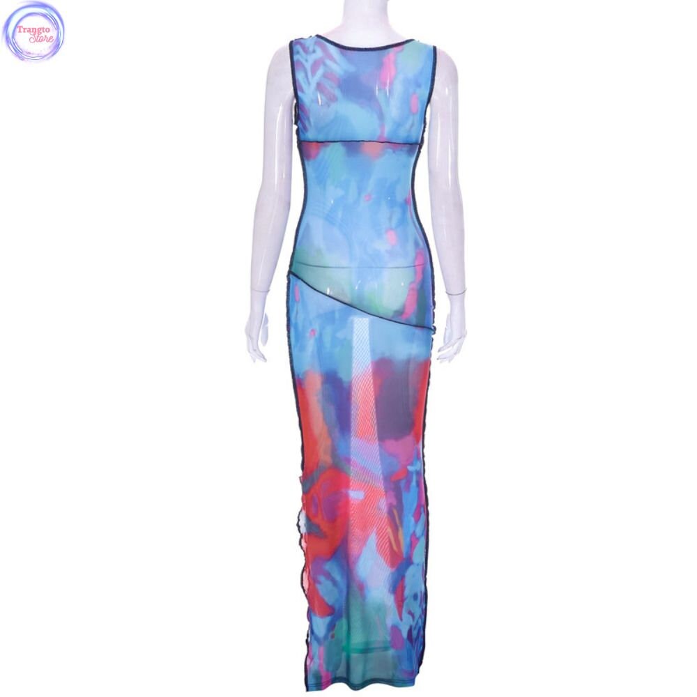Mesh See Through Dress Abstract Color Tie Dye Bodycon Dresses for Women ...