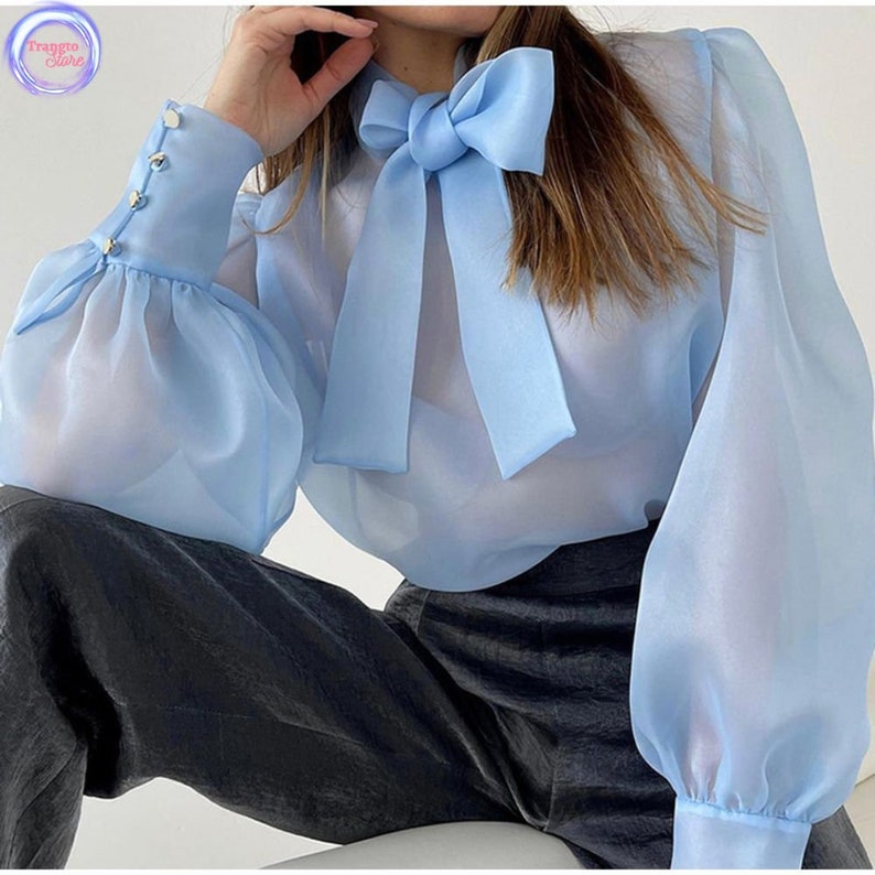 Mesh Translucent Women Blouse With Bow Knot Elegant Puff Long Sleeve ...