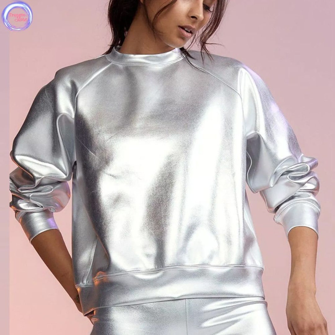 Silver Metallic PU Sweatshirt for Women Long Sleeve Grunge Shiny Tops ...