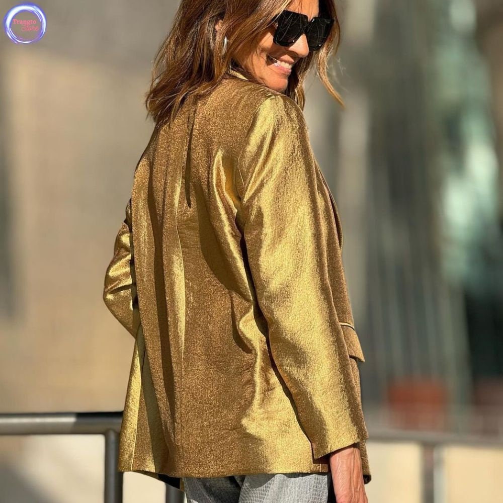 Autumn Gold Color Blazer Jacket for Women Yellow Fashion Loose V Neck ...