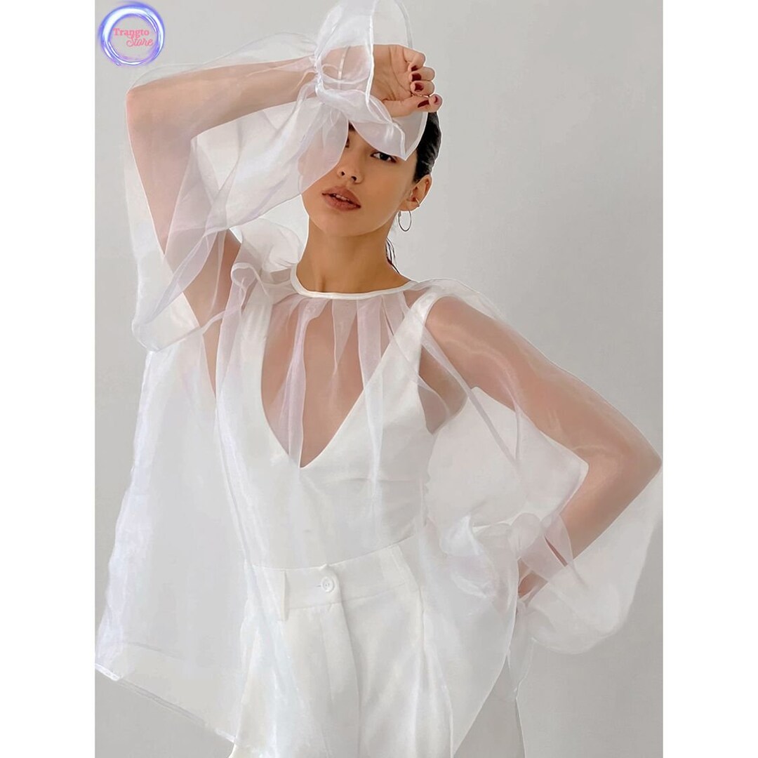 See Through Long Sleeve Top Blouse Women Party Puff Sleeve Tops Autumn ...