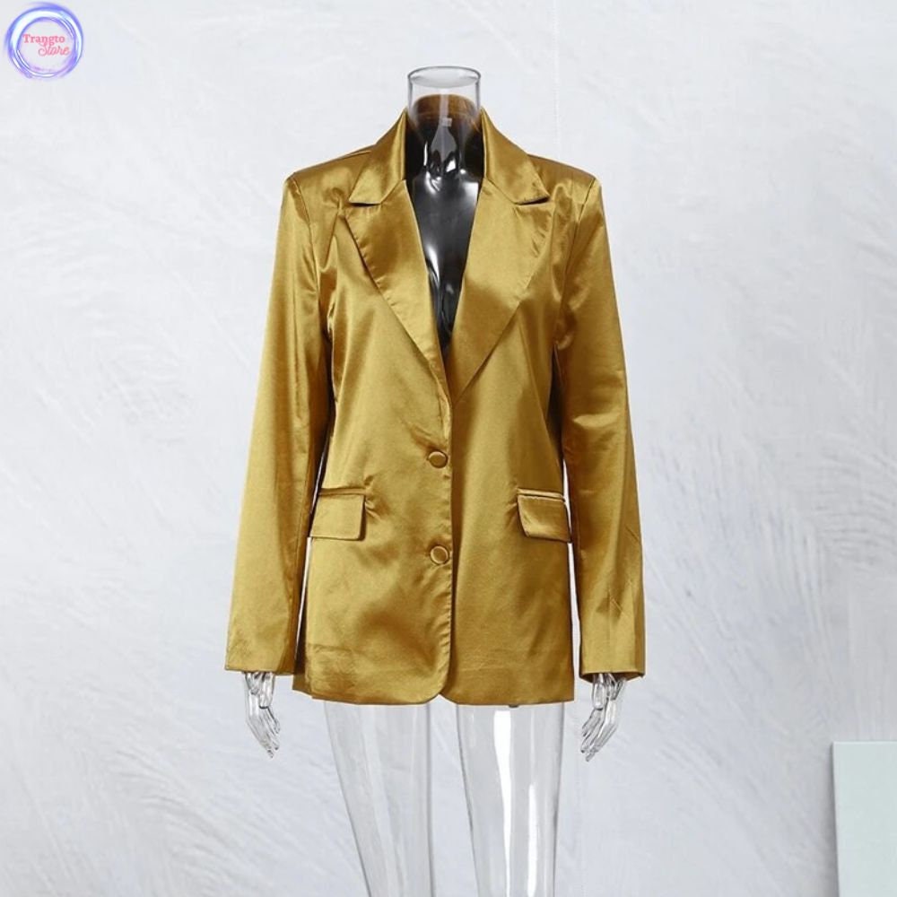 Autumn Gold Color Blazer Jacket for Women Yellow Fashion Loose V Neck ...
