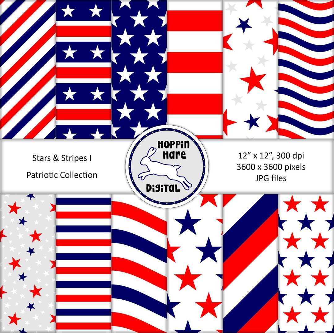 Patriotic Stars and Stripes Digital Paper Pack - 4th of July - Red ...