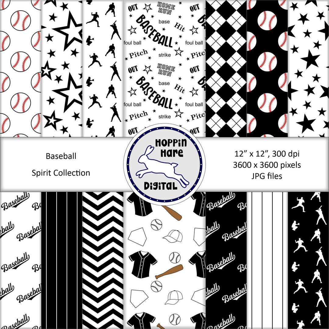 Baseball Digital Paper Pack - Scrapbook Papers -seamless - Black White ...