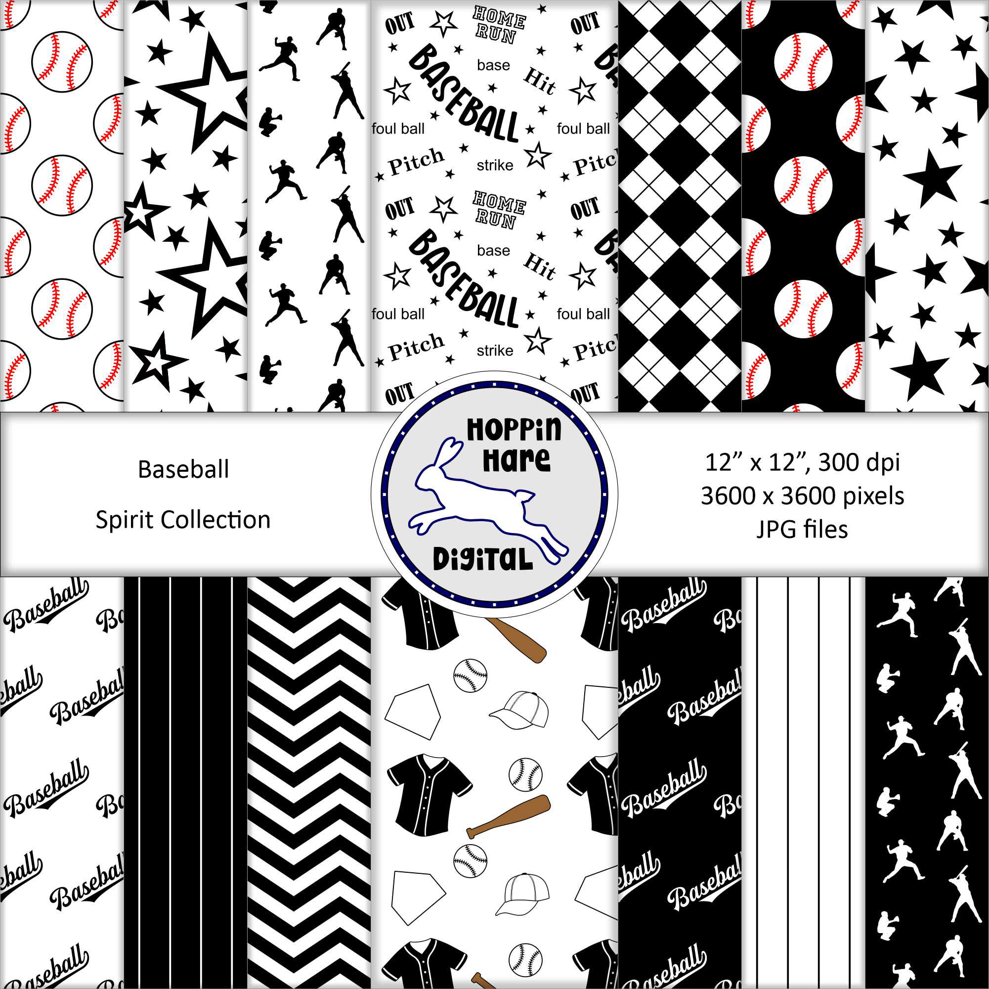 Baseball Digital Paper Pack - Scrapbook Papers -seamless - Black White ...