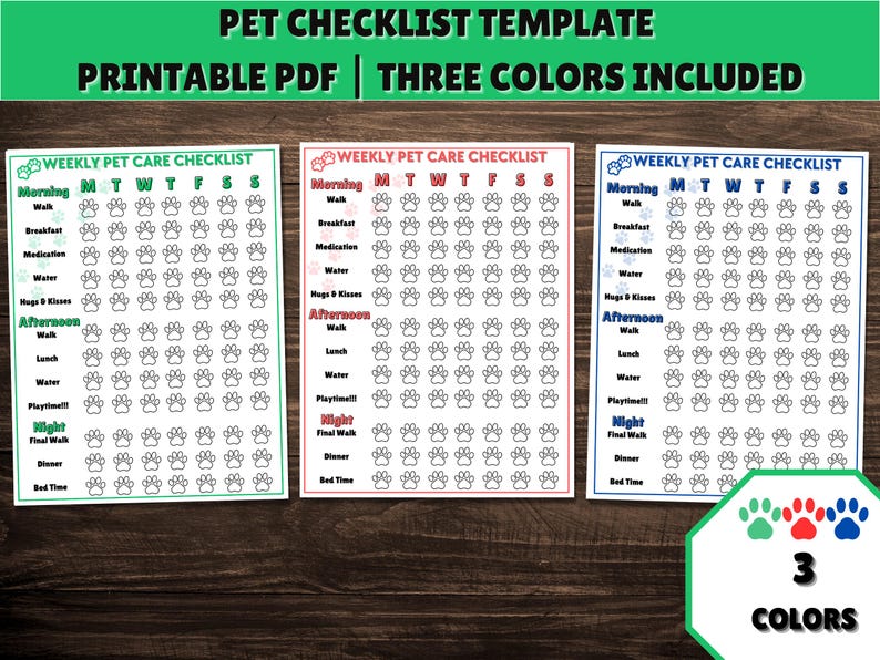 Pet Care Checklist Printable & Editable 3 Colors Pet Tracker Planner ...