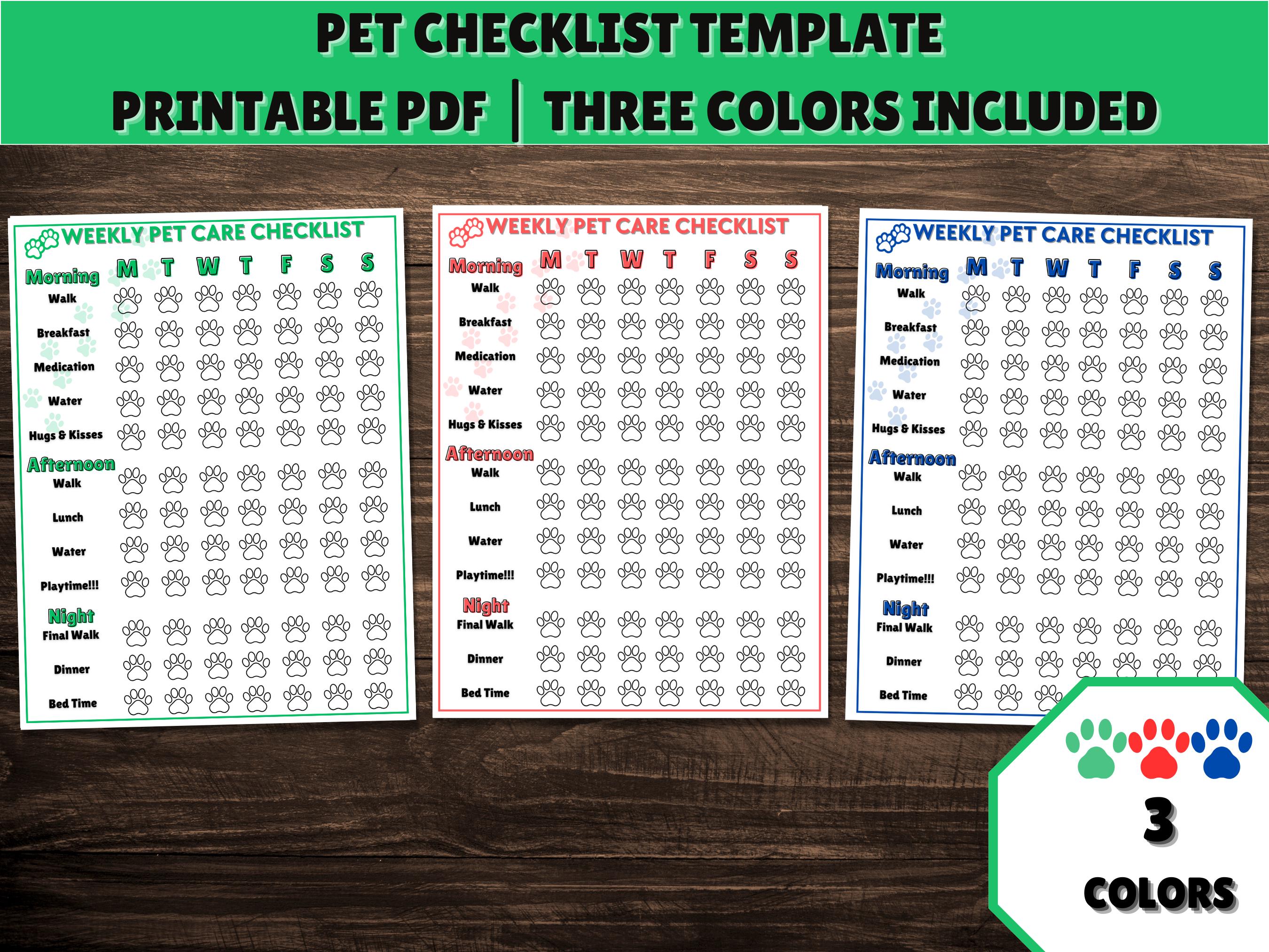 Pet Care Checklist | Printable & Editable | 3 Colors | Pet Tracker ...