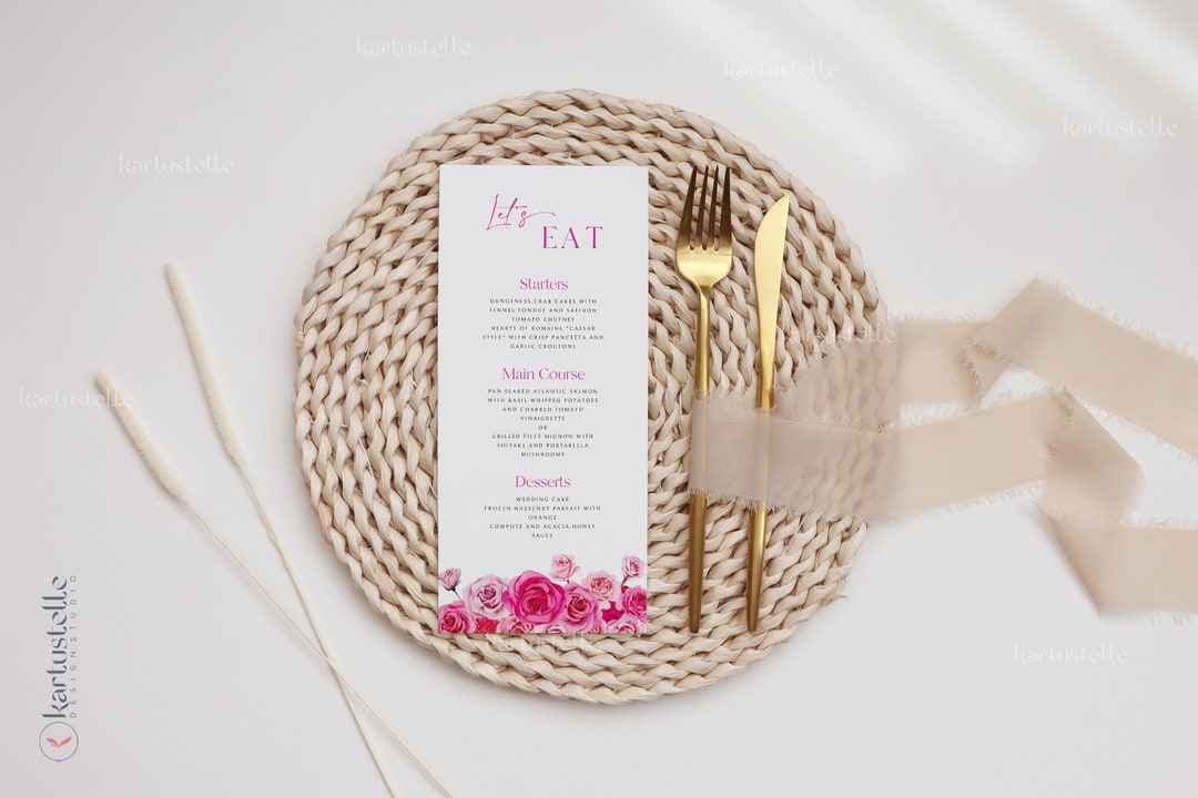 Hot Pink Floral Wedding Menu Template, Hot Pink and Blush Wedding Menu ...
