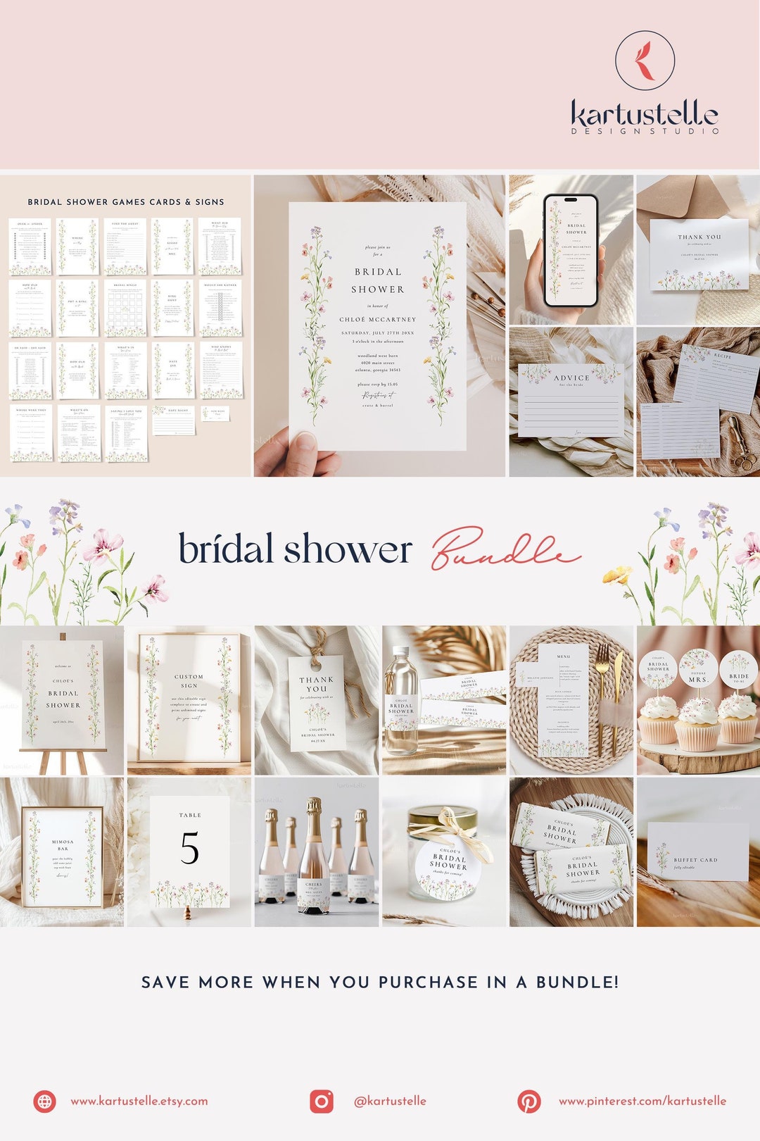Dainty Delicate Floral Bridal Shower Bundle Template Wildflower Bridal ...