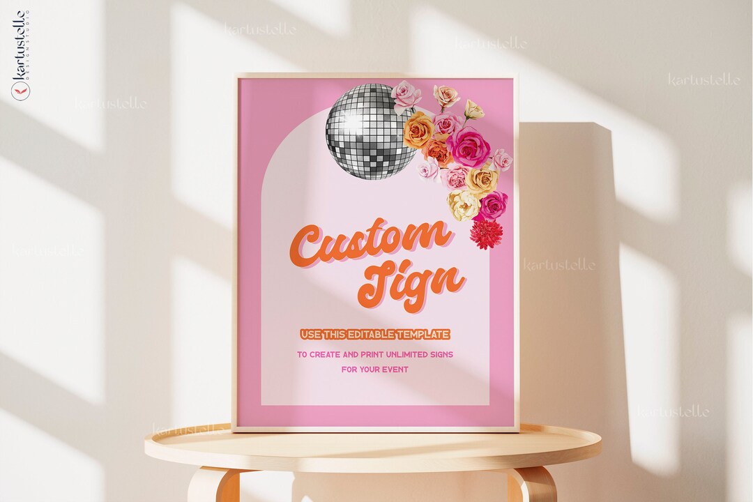 Disco Custom Sign Template Bold Retro Hot Pink Wedding Sign Red Pink ...