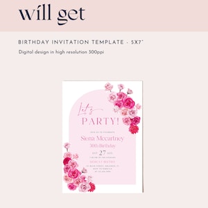 Hot Pink Birthday Party Invitation Template, Hot Pink Floral Birthday ...
