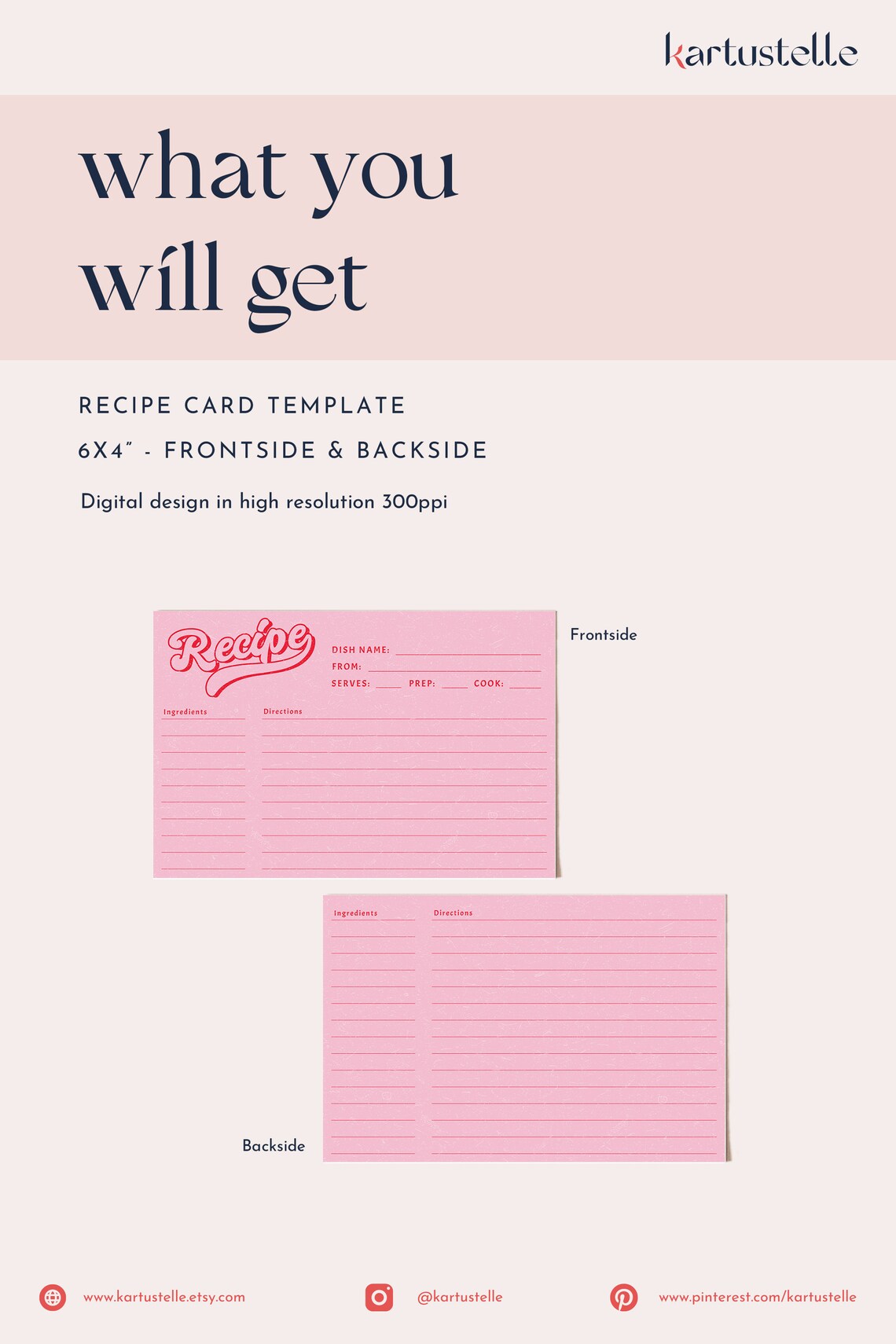 Red Pink Recipe Card Template, Red and Pink Recipe Cards, Retro Bridal ...