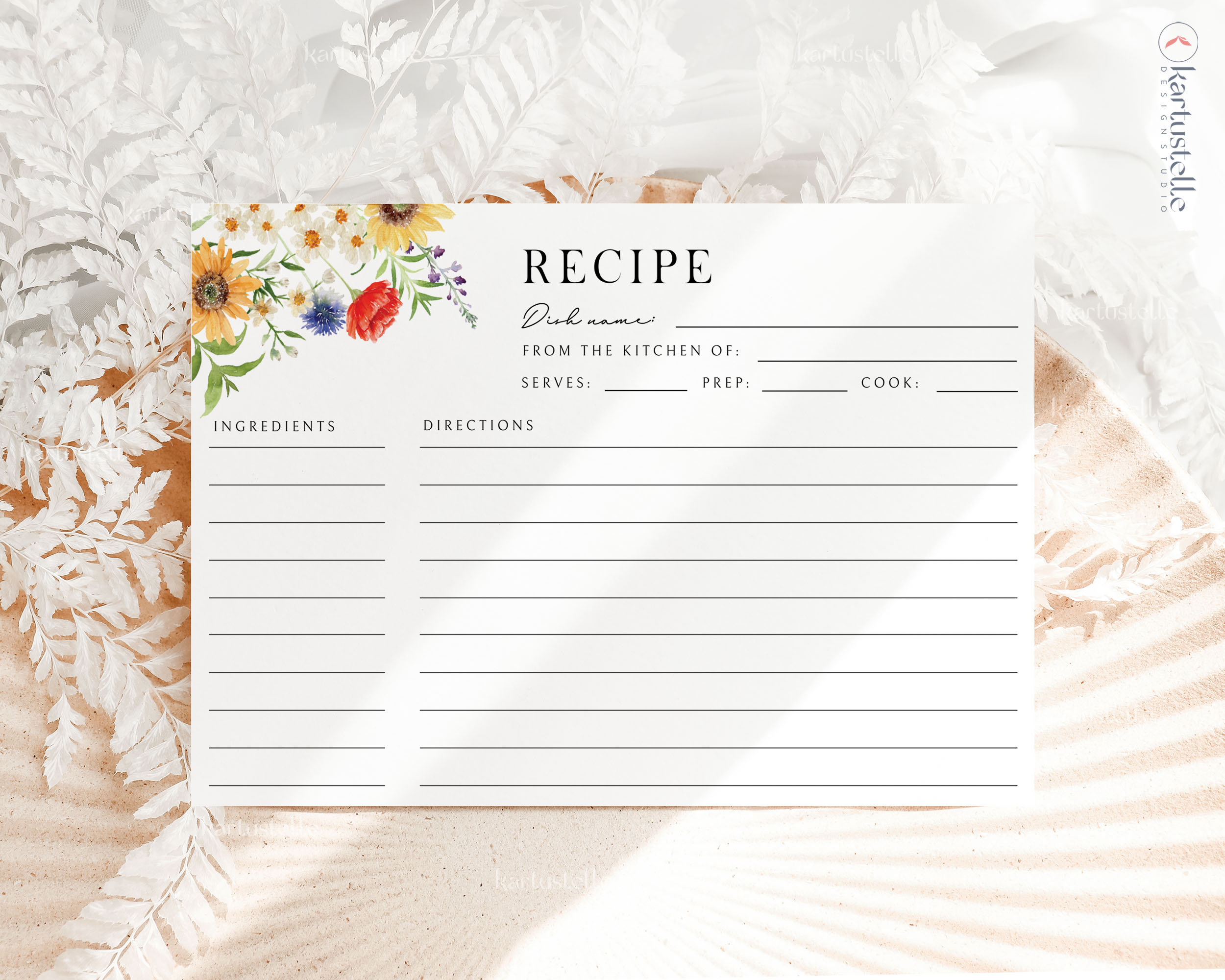 Sunflower Recipe Card Template Summer Floral Bridal Shower Recipe Cards ...