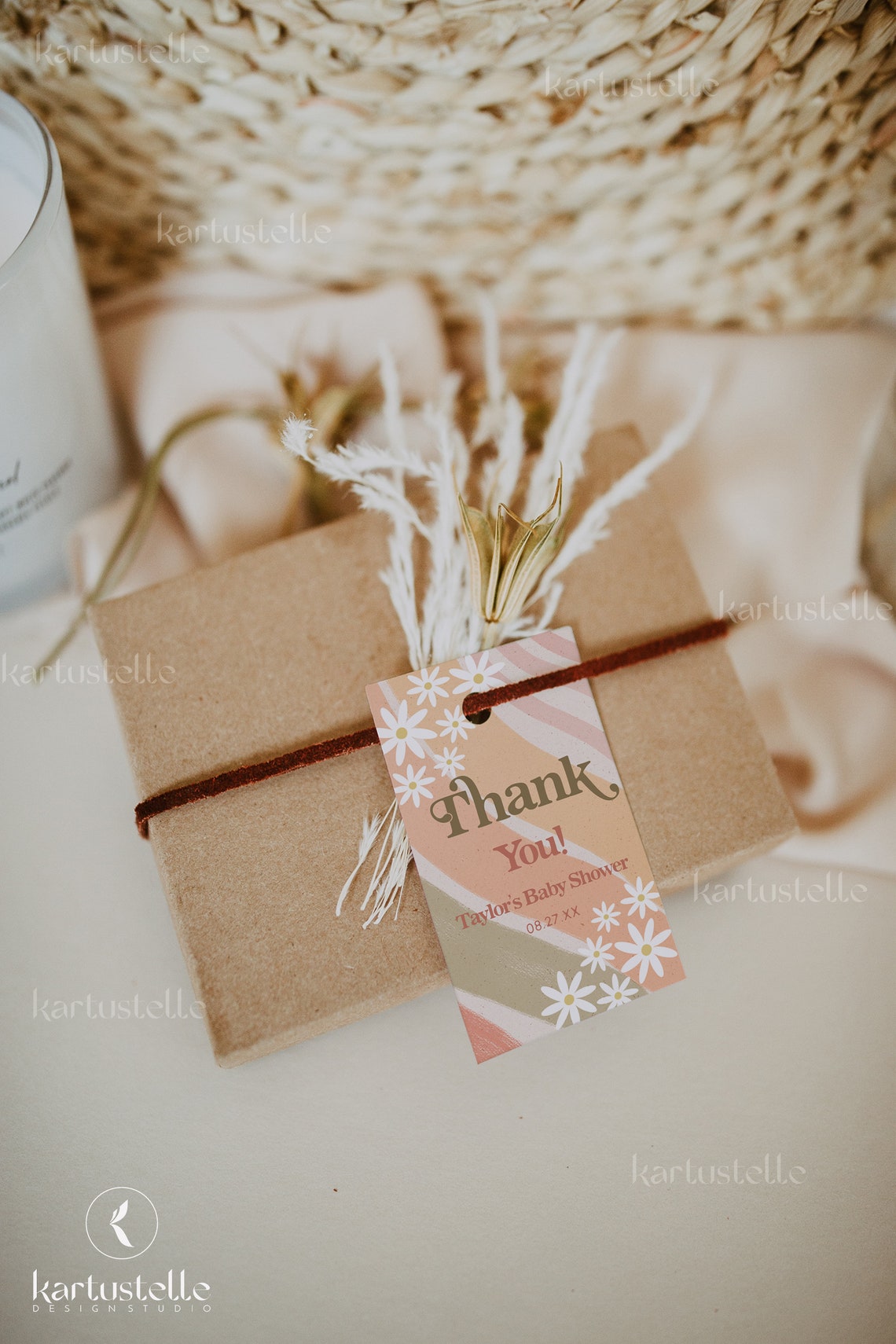 Peach Retro Favor Tag Template, Daisy Baby Shower Favor Tags, Peace ...