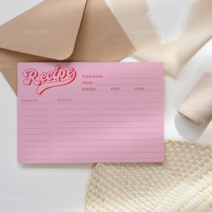 Red Pink Recipe Card Template, Red and Pink Recipe Cards, Retro Bridal ...