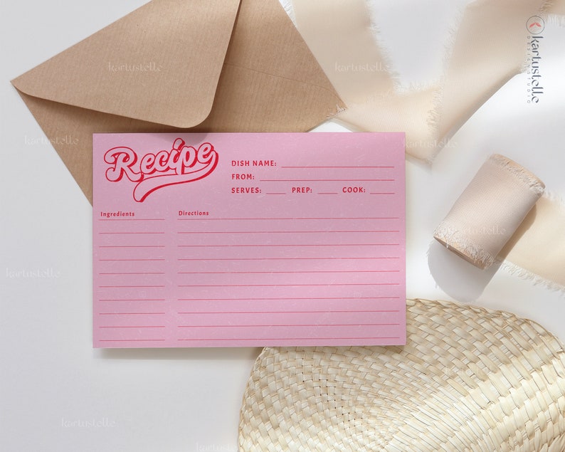 Red Pink Recipe Card Template, Red and Pink Recipe Cards, Retro Bridal ...
