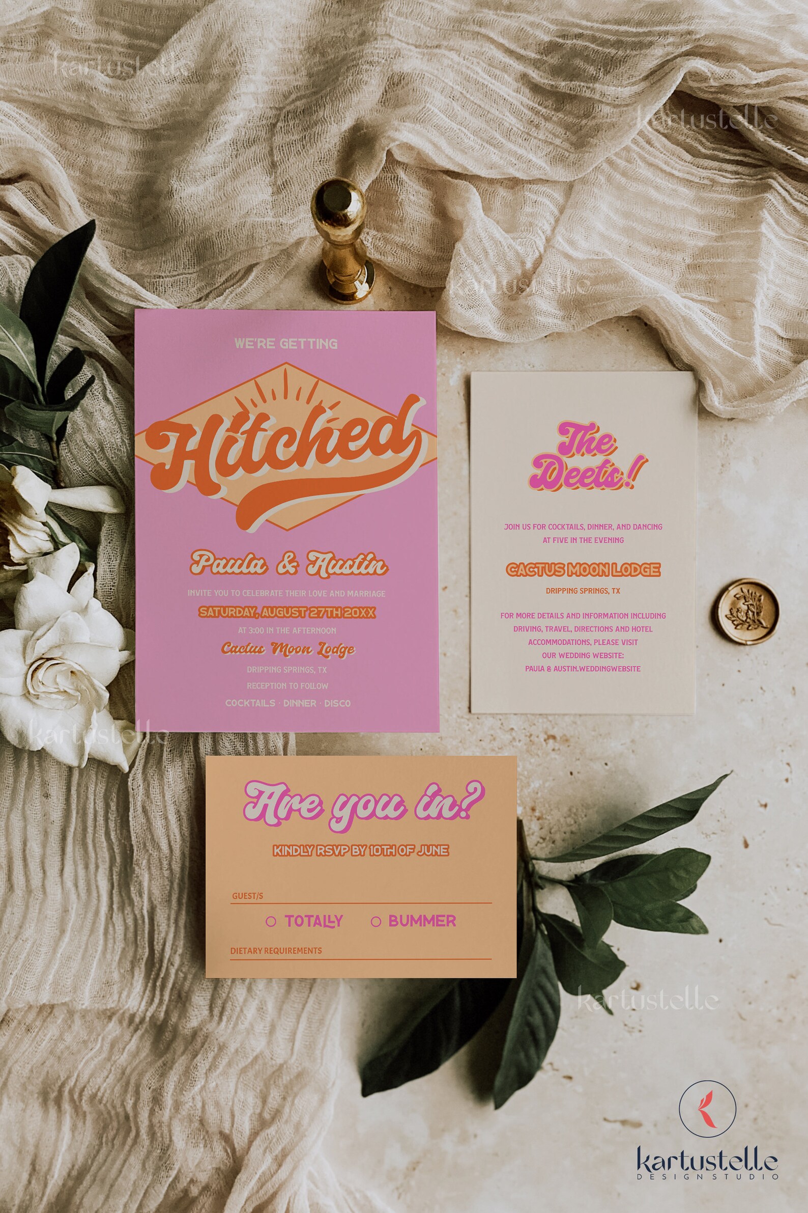 Fun Retro Wedding Invitation Set Template, Funky Playful Pink Orange ...