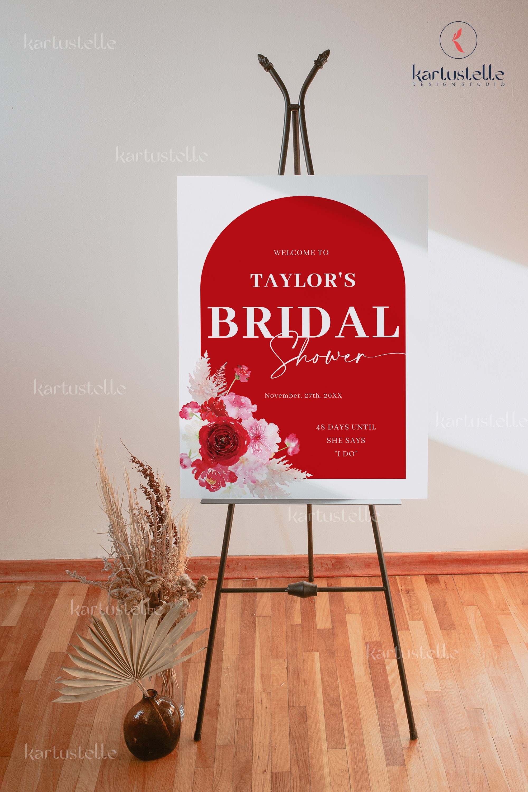 Red Floral Bridal Shower Welcome Sign Template, Red and Pink Floral ...