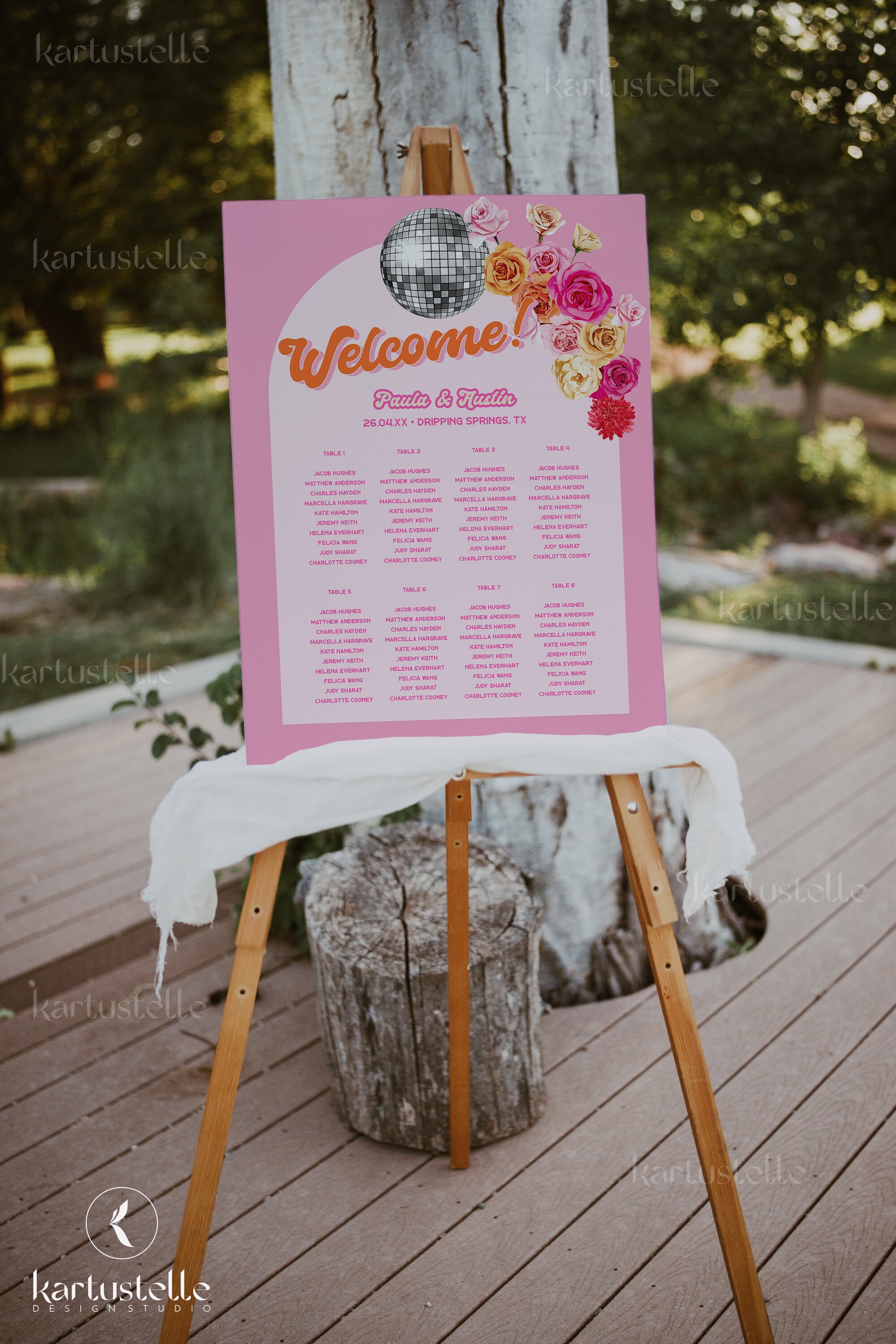 Disco Wedding Seating Chart Template Bold Retro Hot Pink Seating Chart ...