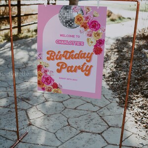 Disco Birthday Welcome Sign Template Retro Hot Pink Birthday Party Sign ...