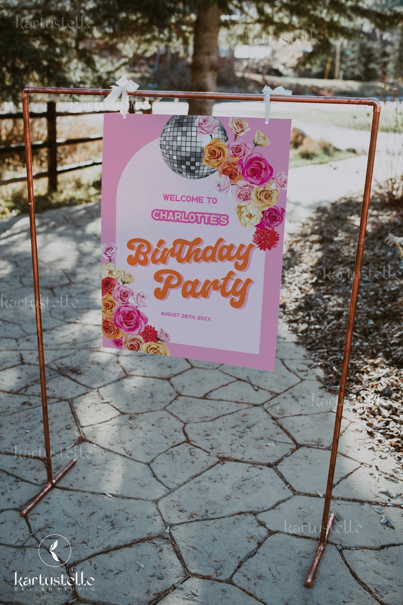 Disco Birthday Welcome Sign Template Retro Hot Pink Birthday Party Sign ...