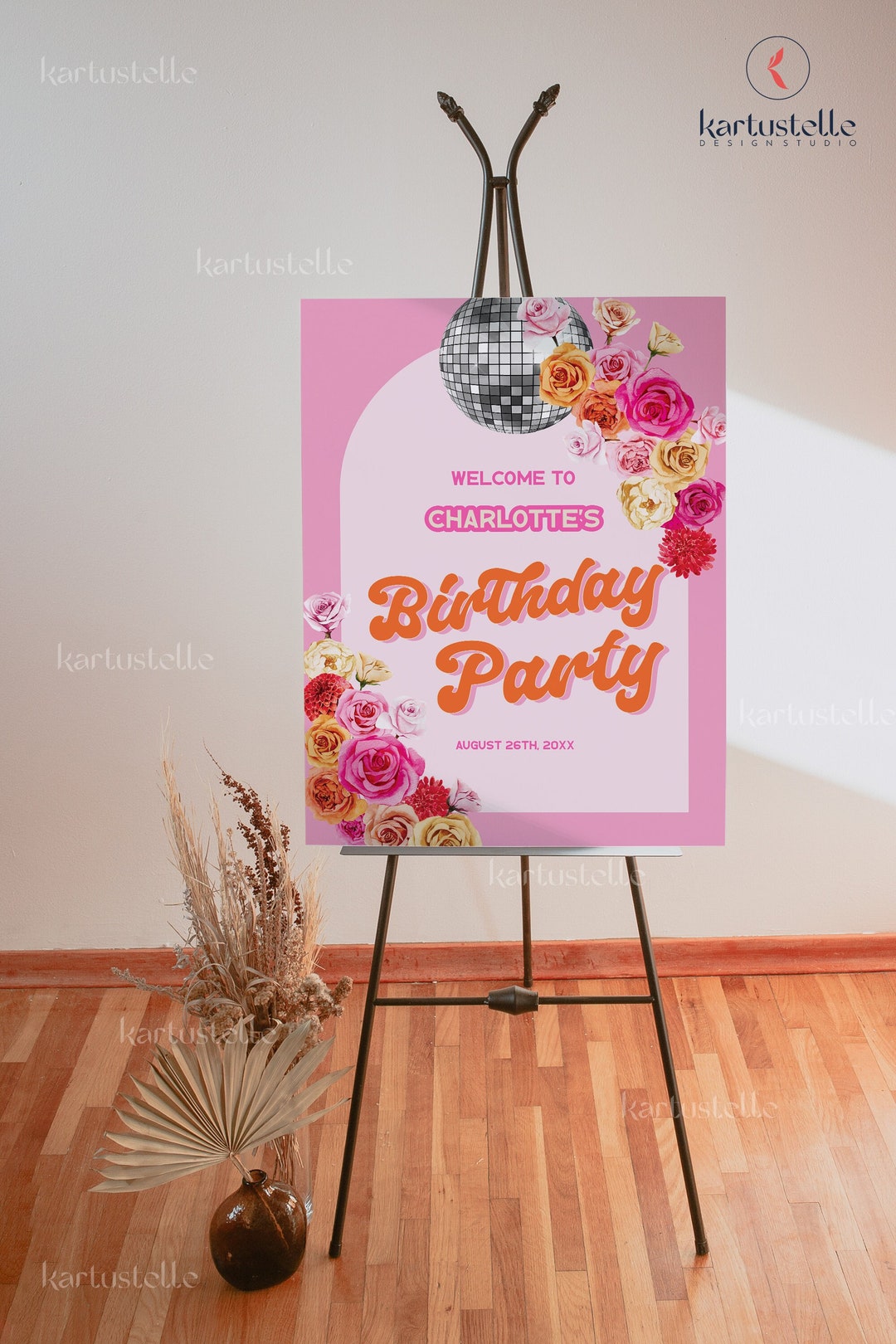 Disco Birthday Welcome Sign Template Retro Hot Pink Birthday Party Sign ...