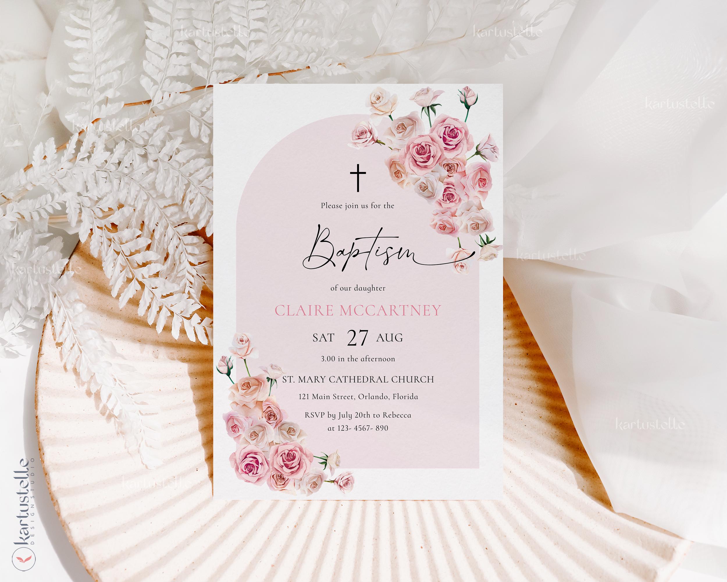 Light Pink Floral Baptism Invitation Template, Blush Pink Baptism ...
