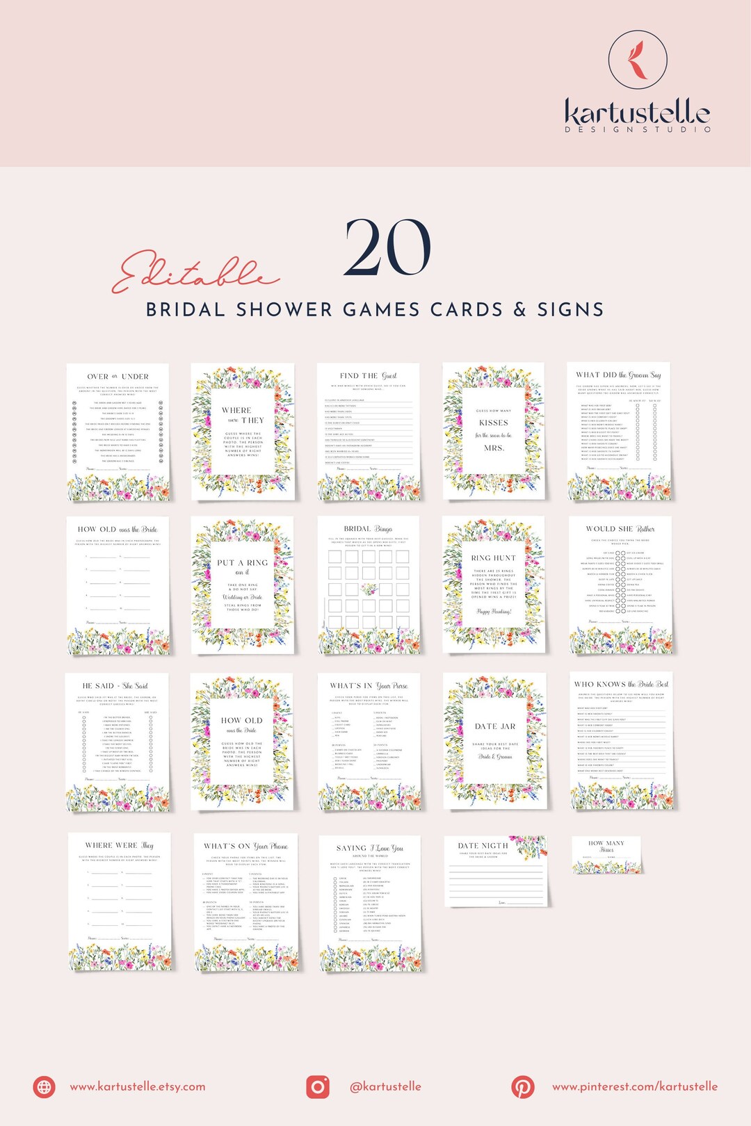 Colorful Floral Bridal Shower Games Bundle Template, Wildflower Bridal ...