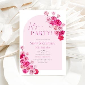 Hot Pink Birthday Party Invitation Template, Hot Pink Floral Birthday ...