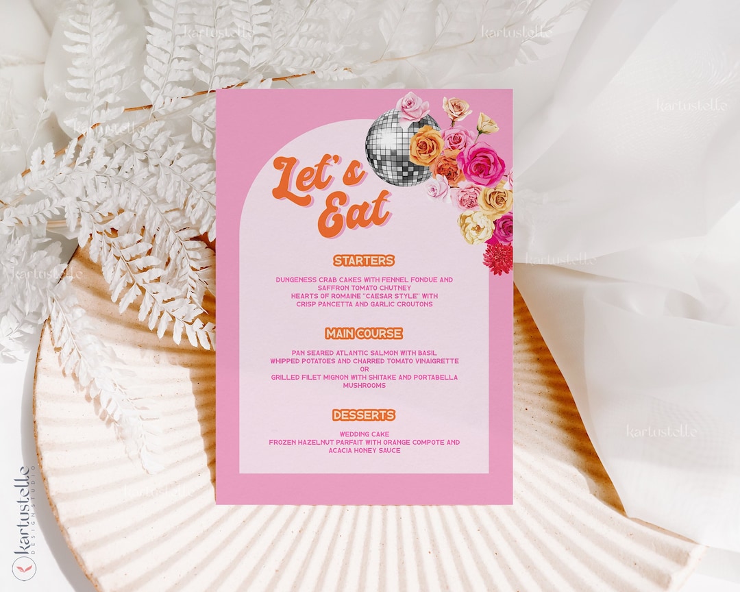 Disco Wedding Menu Template Bold Retro Hot Pink Wedding Menu Cards Red ...