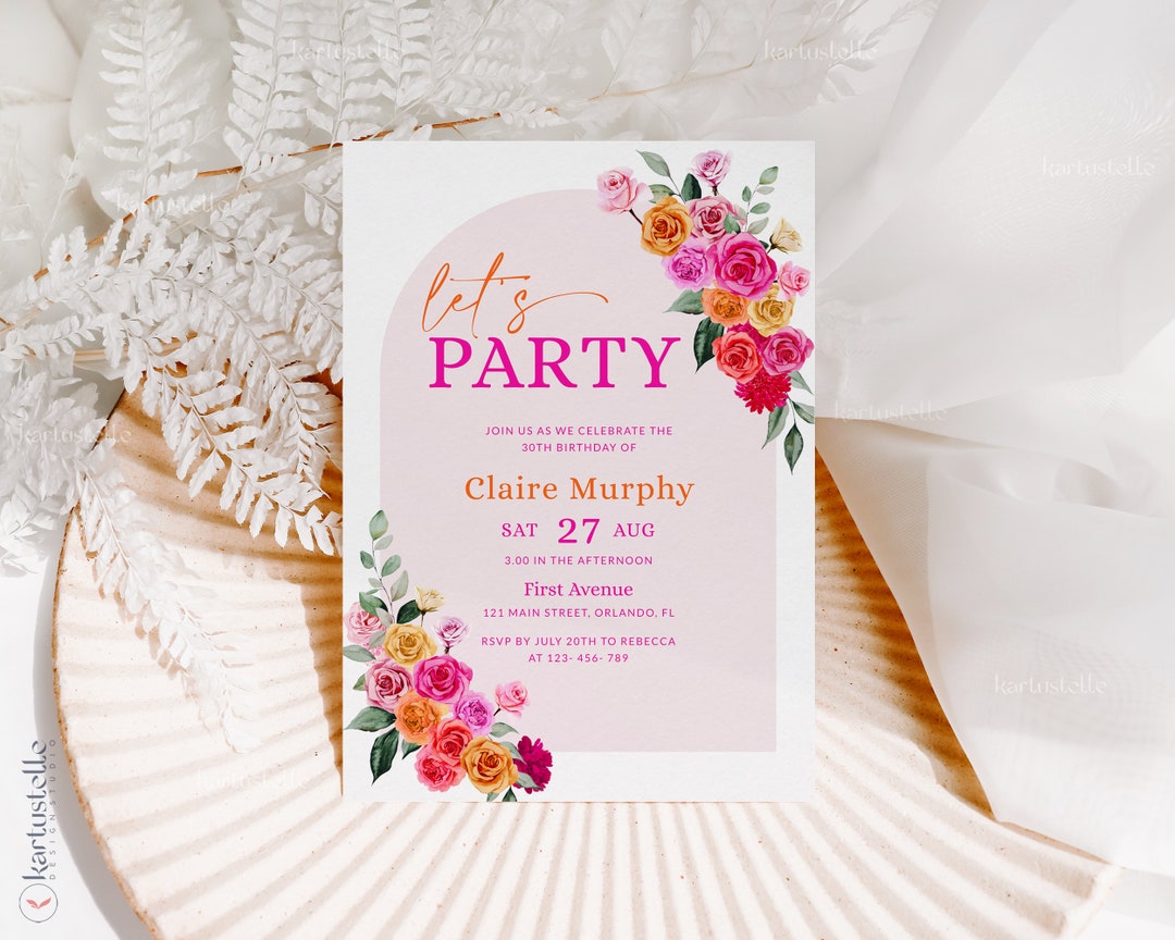 Pink Orange Birthday Party Invitation Template, Hot Pink Floral ...