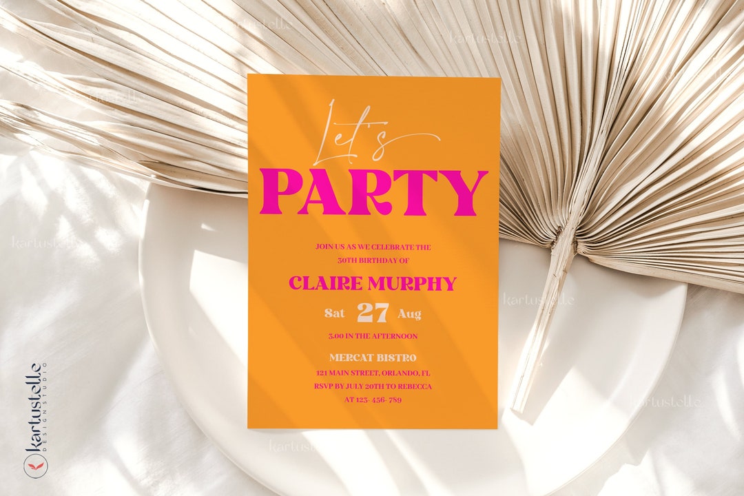 Pink Orange Birthday Party Invitation Template, Funky Playful Birthday ...