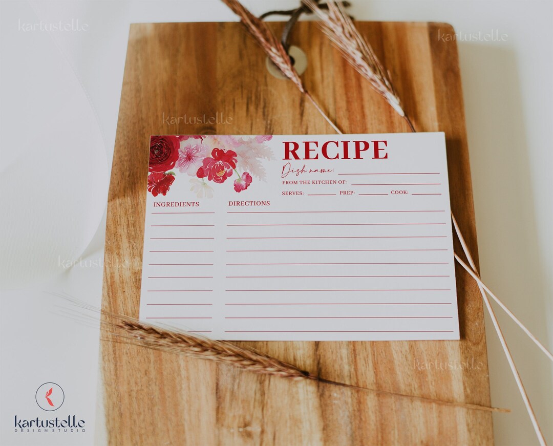Red Floral Recipe Card Template, Red and Pink Floral Bridal Shower ...
