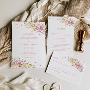 Pink Floral Wedding Invitation Set Template Pink Wildflower Wedding ...