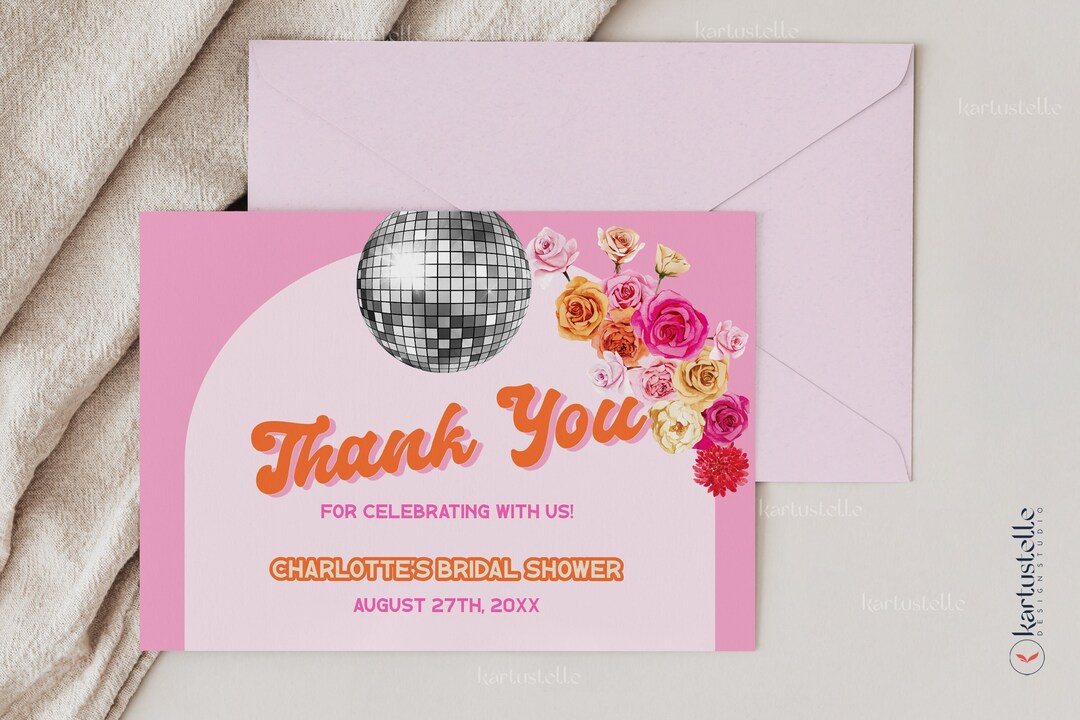 Disco Thank You Card Template Bold Retro Hot Pink Bridal Shower Thank ...