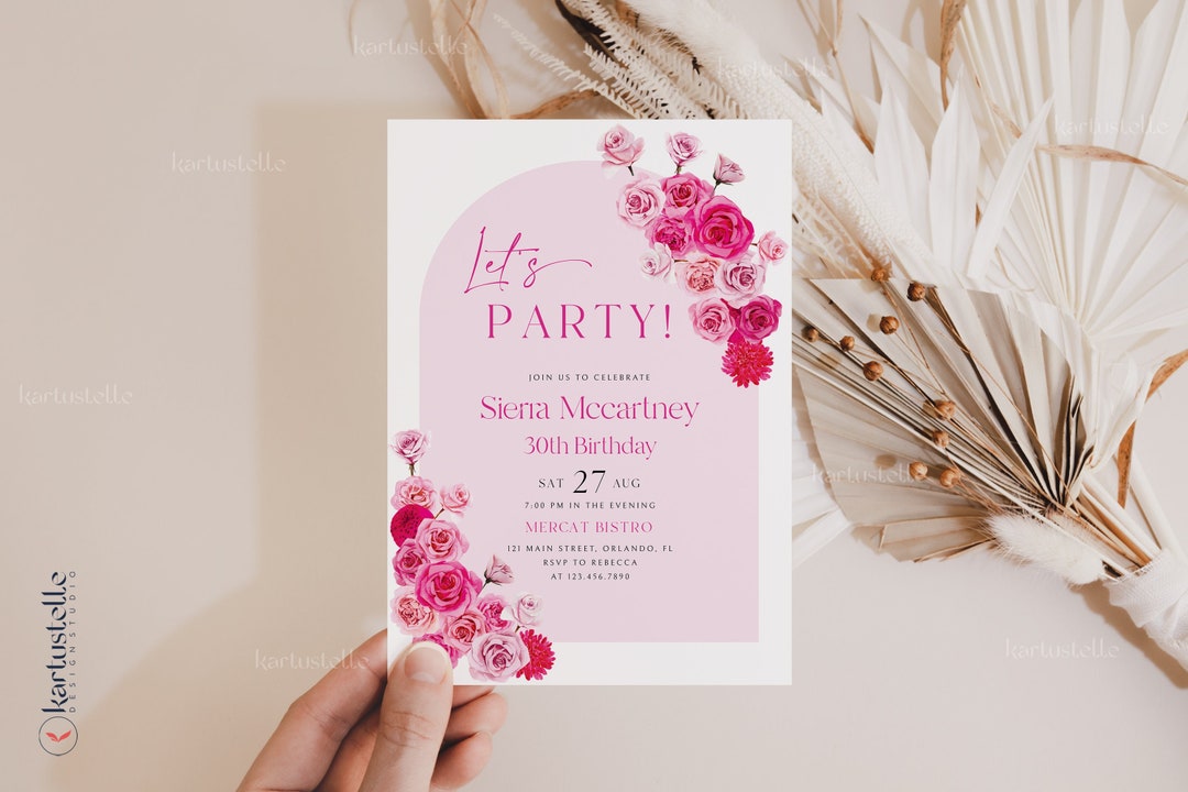 Hot Pink Birthday Party Invitation Template, Hot Pink Floral Birthday ...
